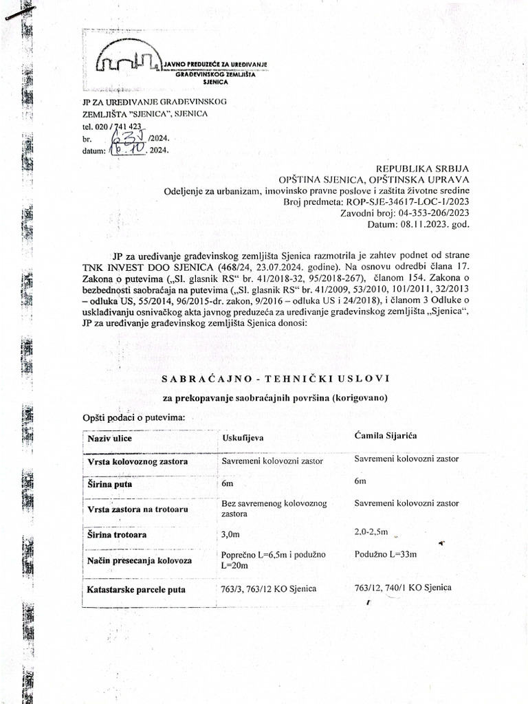 Saobracajno Tehnicki Uslovi Izdati Od Urbanizma-Za Tarice - 1 | PDF