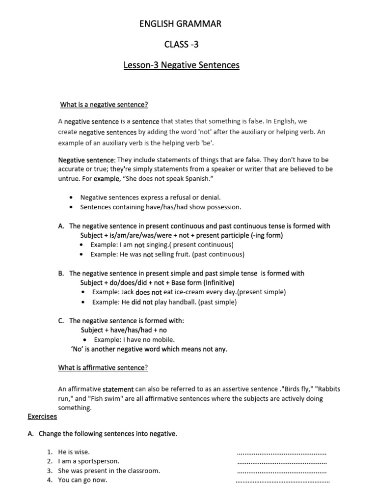 Negative Sentences for Class 3 | PDF