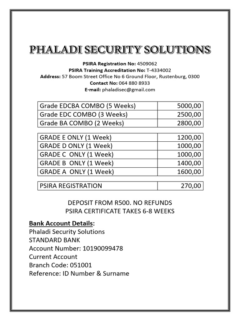 PSIRA Training and Registration Fees | PDF