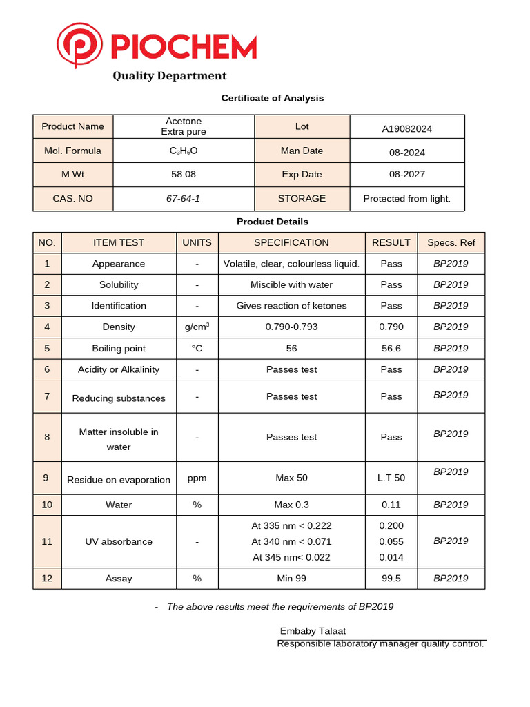 Extra Pure Acetone Certificate of Analysis | PDF | Ketone | Water