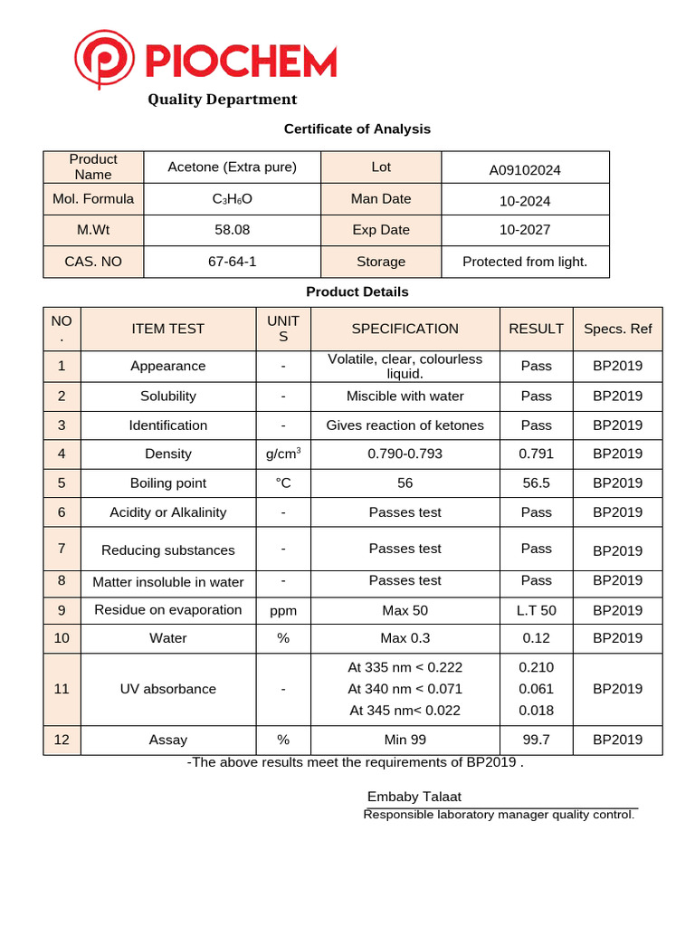 Acetone Certificate of Analysis Report | PDF | Ketone | Water