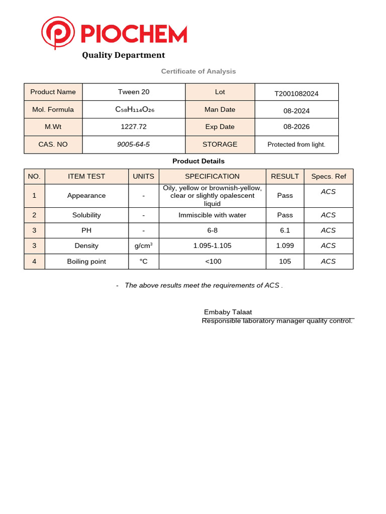 Tween 20 Certificate of Analysis | PDF