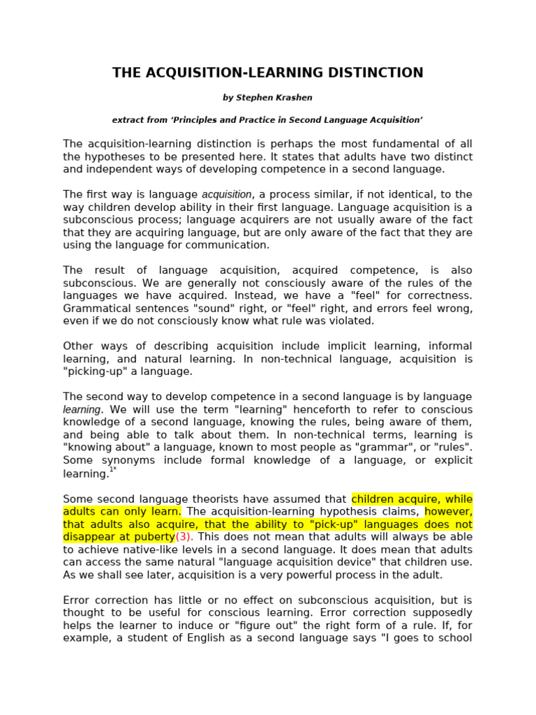 Acquisition vs Learning | PDF | Second Language Acquisition | Language Acquisition