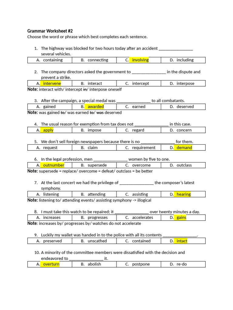 Grammar Worksheet #2 (Answer Key) | PDF
