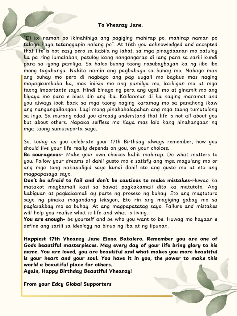 Letter To Vheanzy | PDF