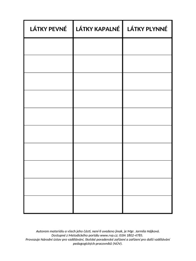 Druhy Látek A Jejich Vlastnosti - Pracovní List | PDF
