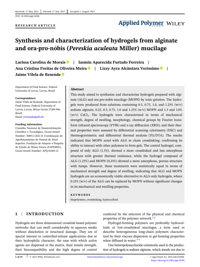 Alginate and Ora-Pro-Nobis Hydrogel Synthesis | PDF | Differential ...