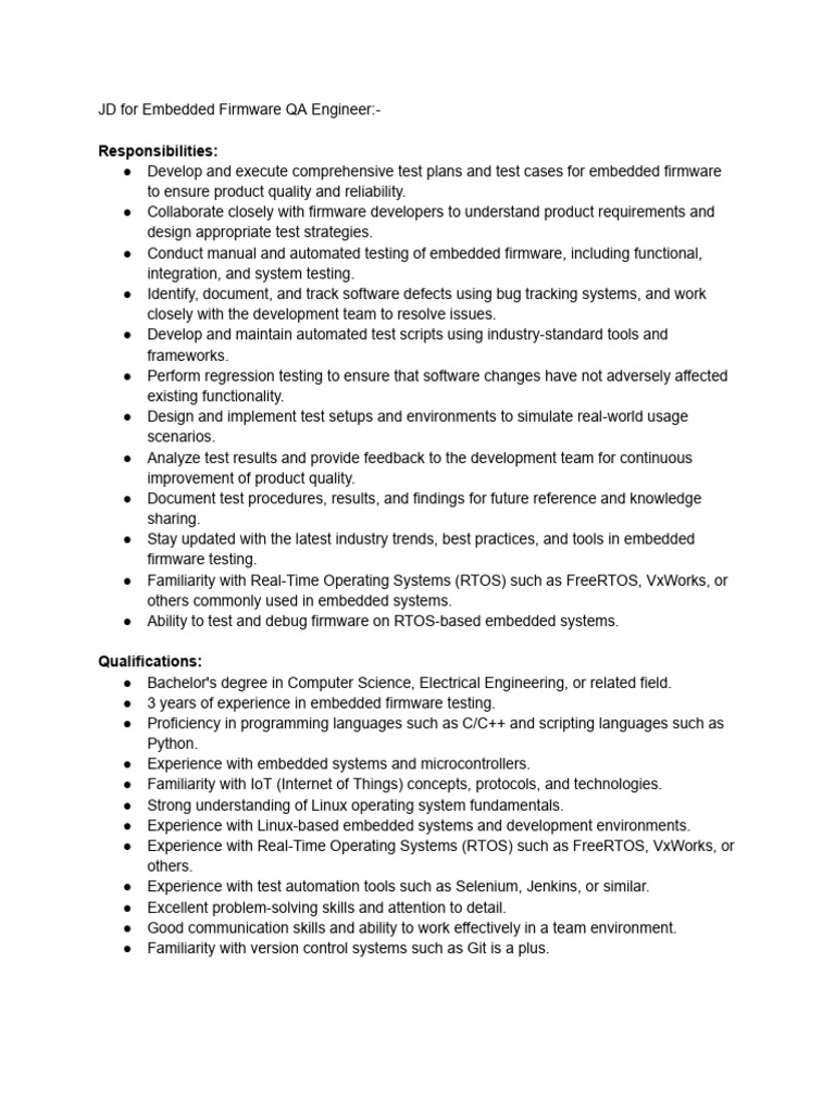 JD For Embedded Firmware QA Engineer | PDF