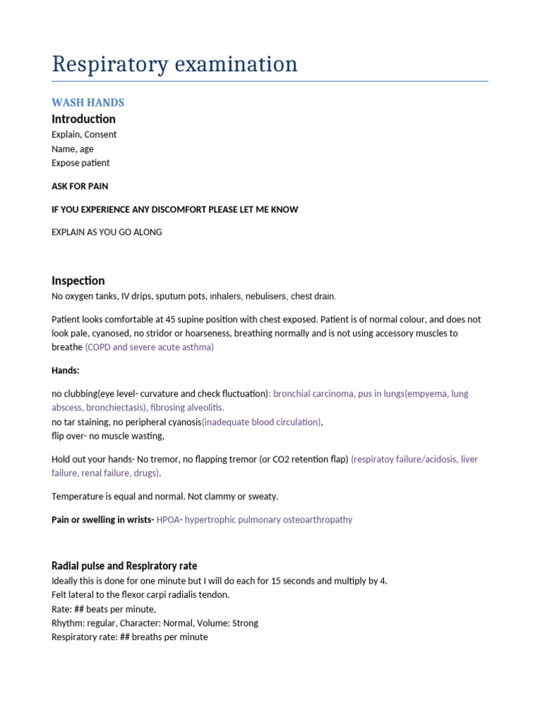 Respiratory Examination OSCE Note | PDF | Respiratory System | Lung