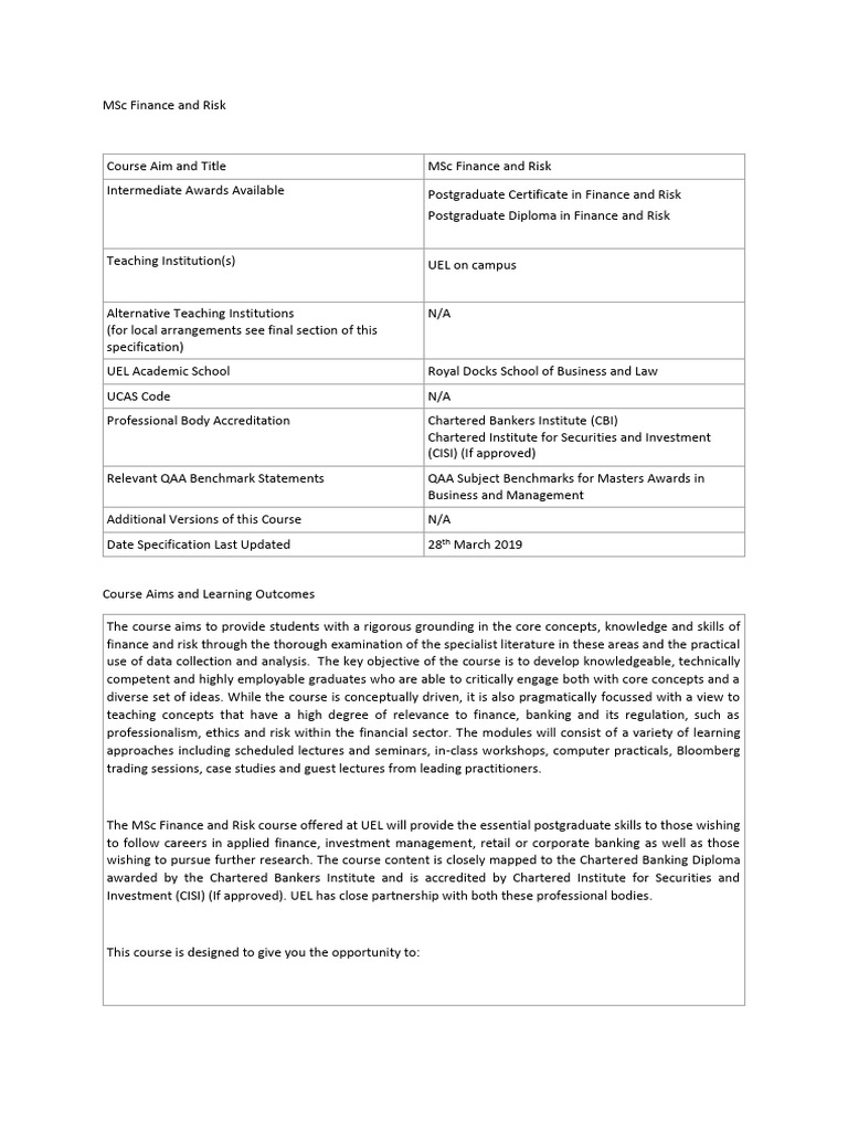 Course Specification - MSC Finance and Risk | PDF | Critical Thinking | Cognition