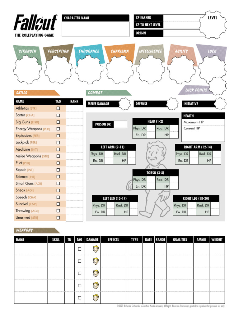 Fallout 2d20 Character Sheet Template | PDF | Role Playing | Tabletop Games