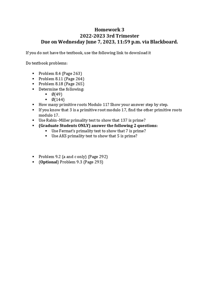 Homework 3: Primality Tests & Problems | PDF