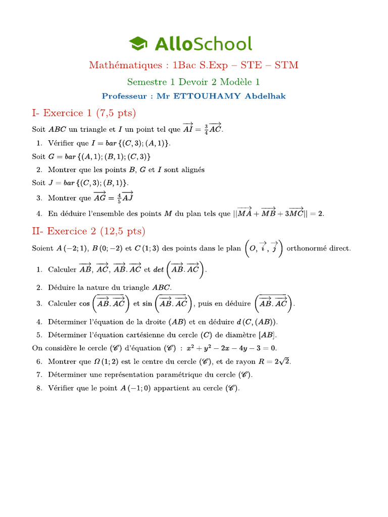 Math 1bac S Exp Semestre 1 Devoir 2 Modele 1 1 | PDF
