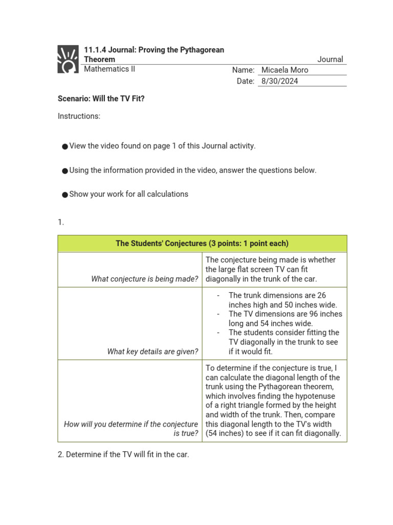 11.1.4 Journal - Proving The Pythagorean Theorem (Journal) - 2 | PDF ...