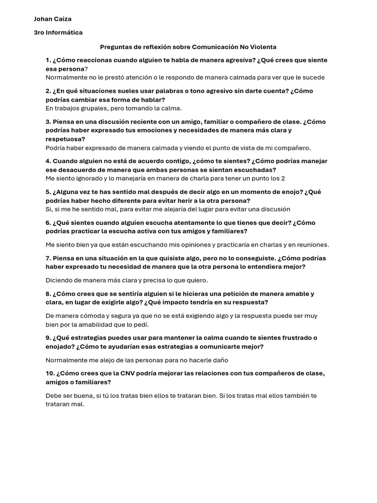 Preguntas de Reflexión Sobre Comunicación No Violenta | PDF