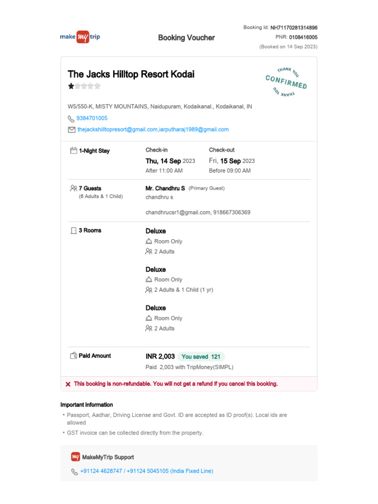 The Jacks Hilltop Resort Kodai: Booking Voucher | PDF