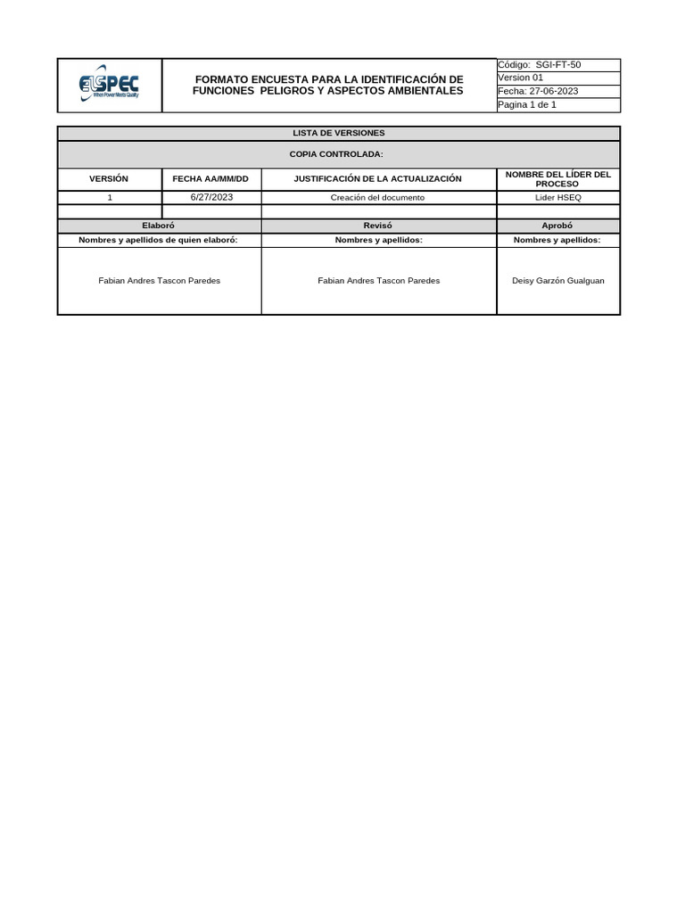 Código SGI-FT-50 Formato Encuesta para La Identificacion de Peligros | PDF | Radiación