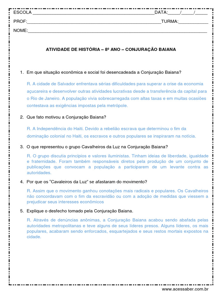 Atividade de História 8º Ano Conjuração Baiana Com Resposta | PDF