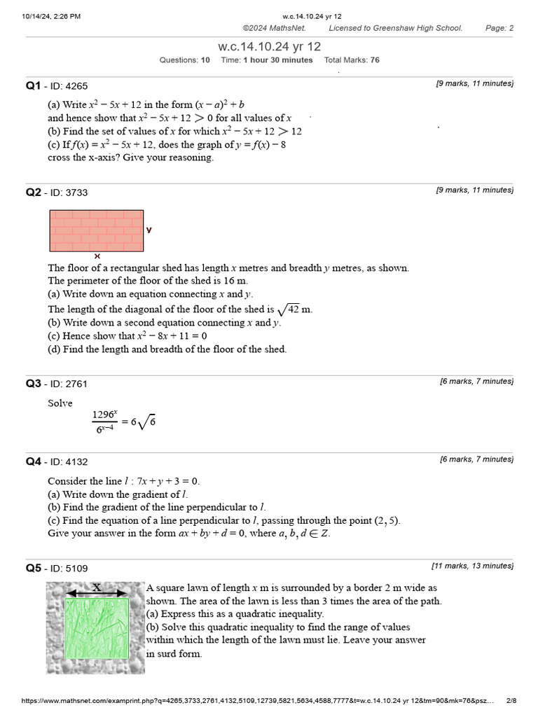 w.c.14.10.24 Yr 12 | PDF | Elementary Mathematics | Algebra
