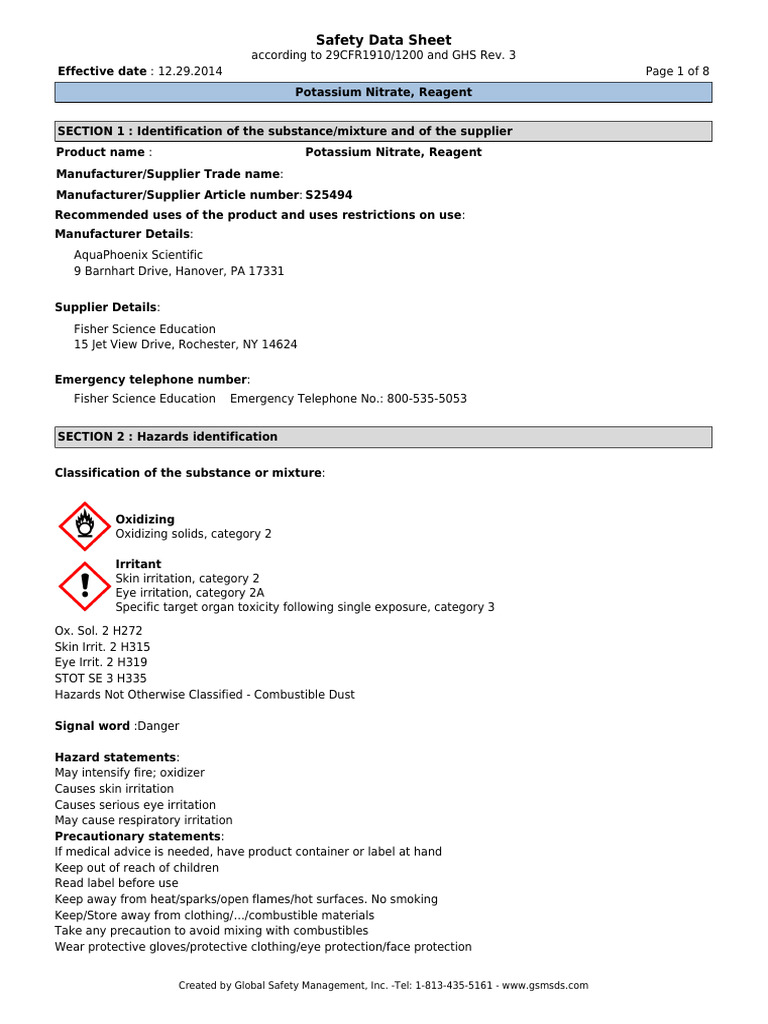 MSDS Sheet For Potassium Nitrate | PDF | Dangerous Goods | Firefighting