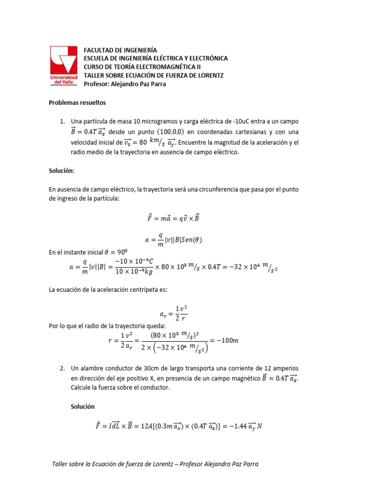 Taller Sobre Ecuación de Fuerza de Lorentz | PDF | Corriente eléctrica | Campo magnético