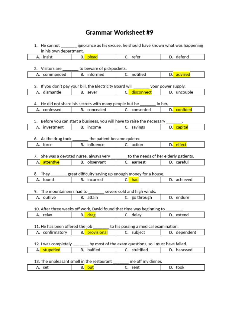 Grammar Worksheet #9 (Answer Key) | PDF