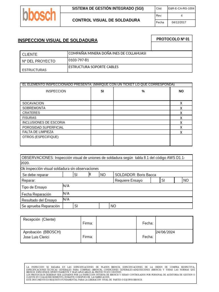 E&R-E-CA-RG-1004 Registro Inspección Visual de Soldadura Rev 4.. | PDF