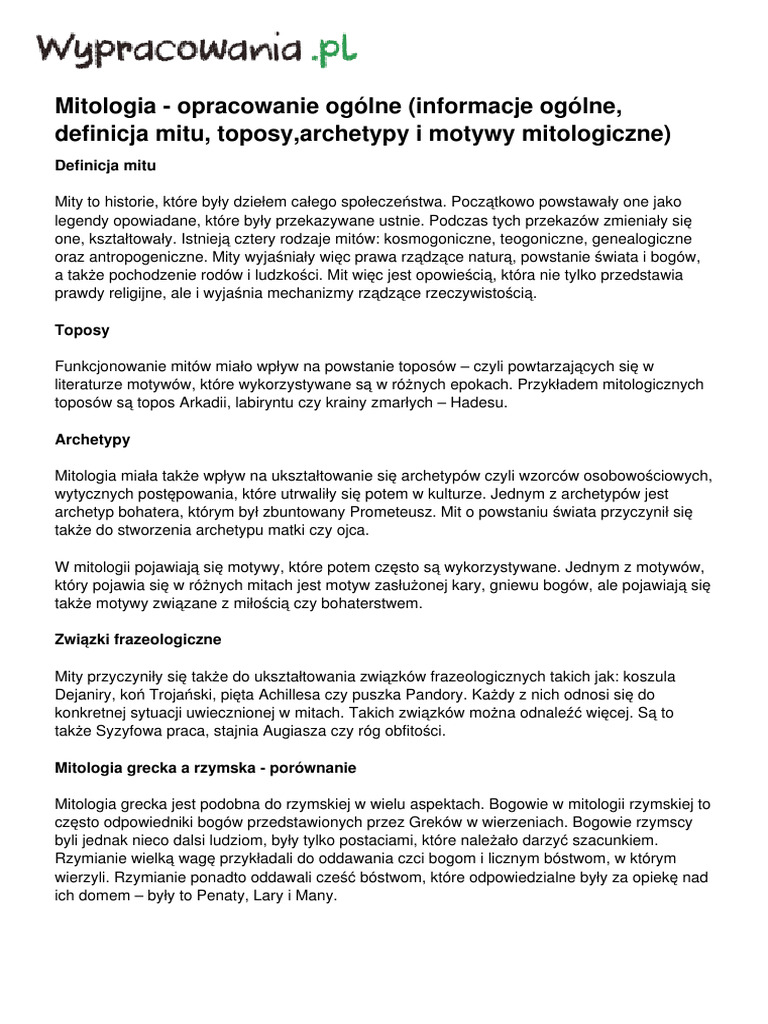 Mitologia Opracowanie Ogolne Informacje Ogolne Definicja Mitu Toposy Archetypy | PDF