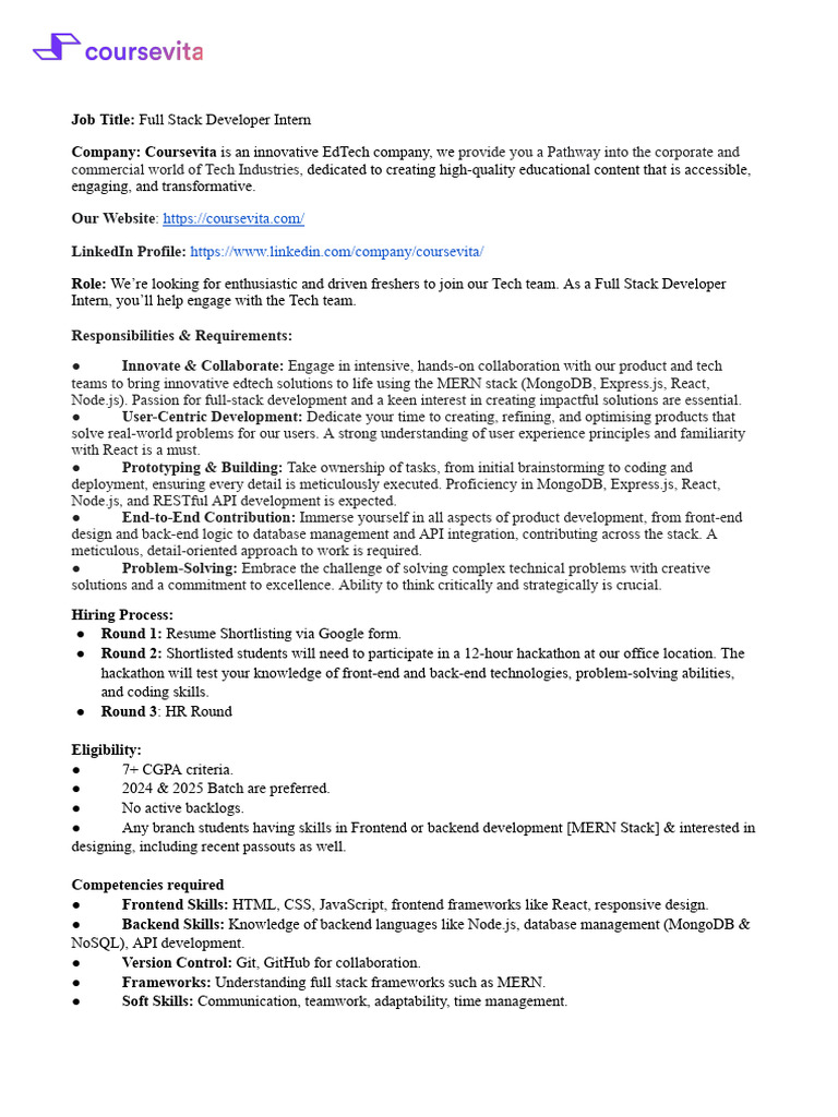 Coursevita - Full Stack Developer Internship - Details | PDF | Computing