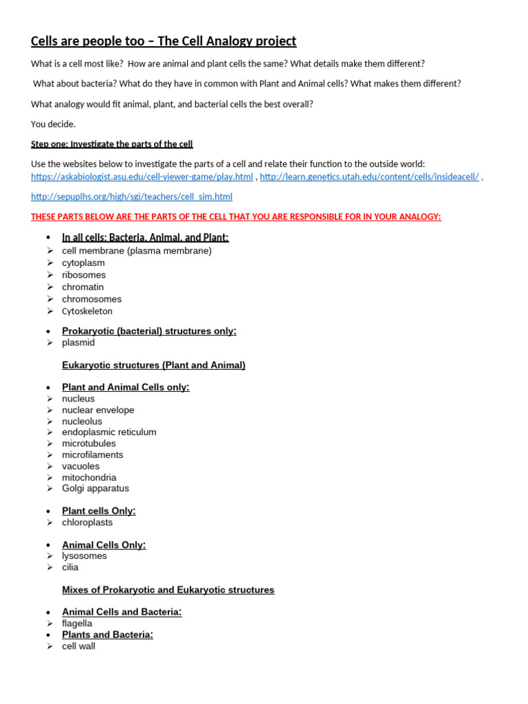 Cells Are People Too Cell Analogy Project 24-25 | PDF | Cell (Biology ...