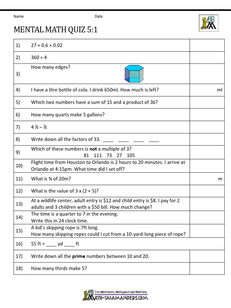 Mental Math 5th Grade 1 | PDF | Units Of Measurement | Volume