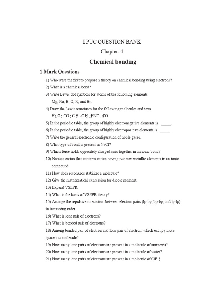 I PUC Chemical Bonding Question Bank | PDF | Chemical Bond | Molecules
