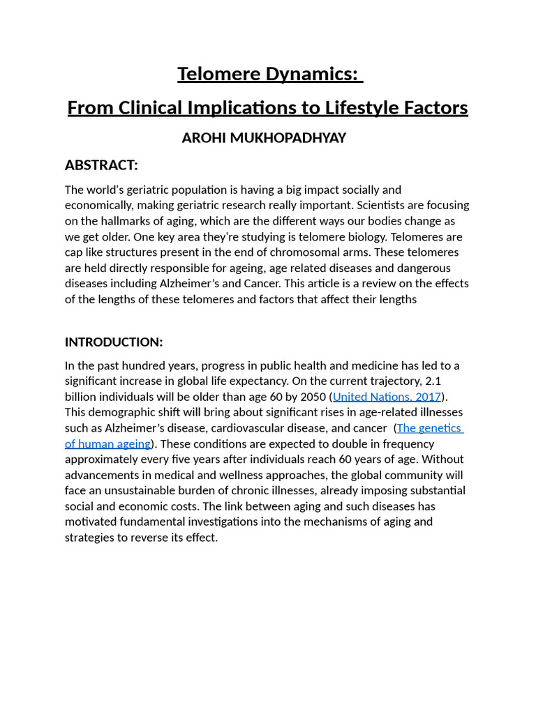 Telomere Dynamics From Clinical Implications To Lifestyle Factors | PDF ...