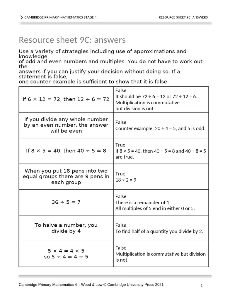 Prim Maths 4 2ed TR Resource Sheet Answers 9c | PDF | Arithmetic ...