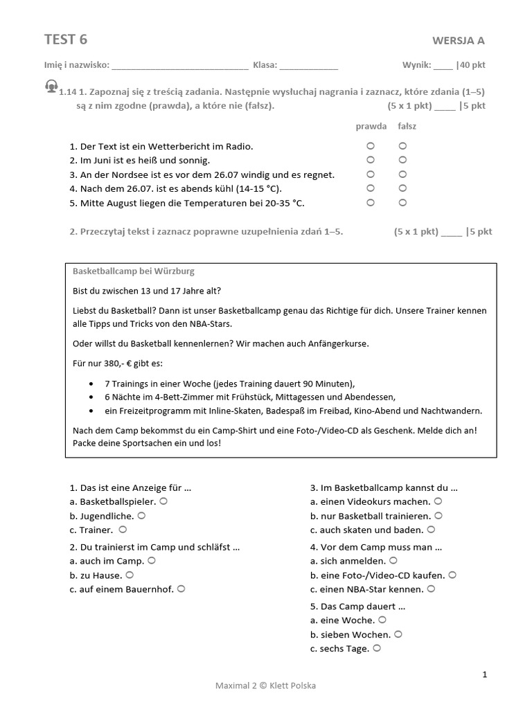 Test 6 Wersja A | PDF