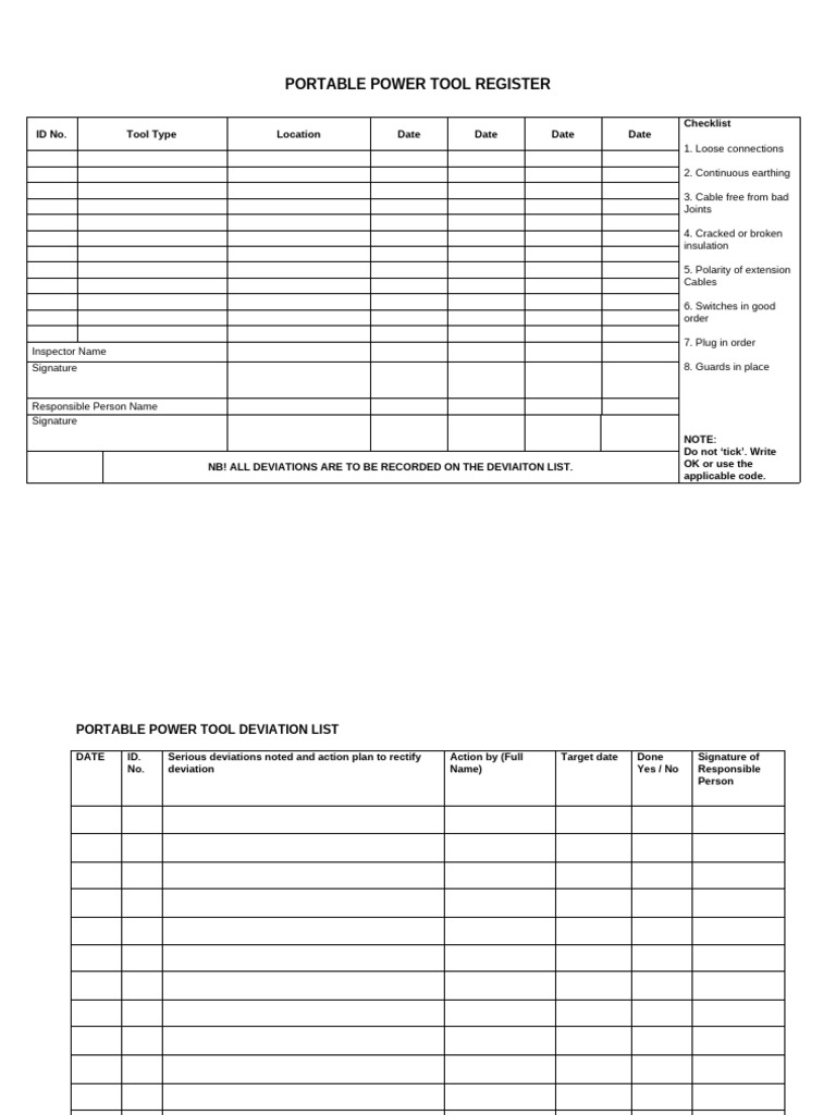 Portable Power Tool Inspection Register | PDF | Electrical Engineering ...