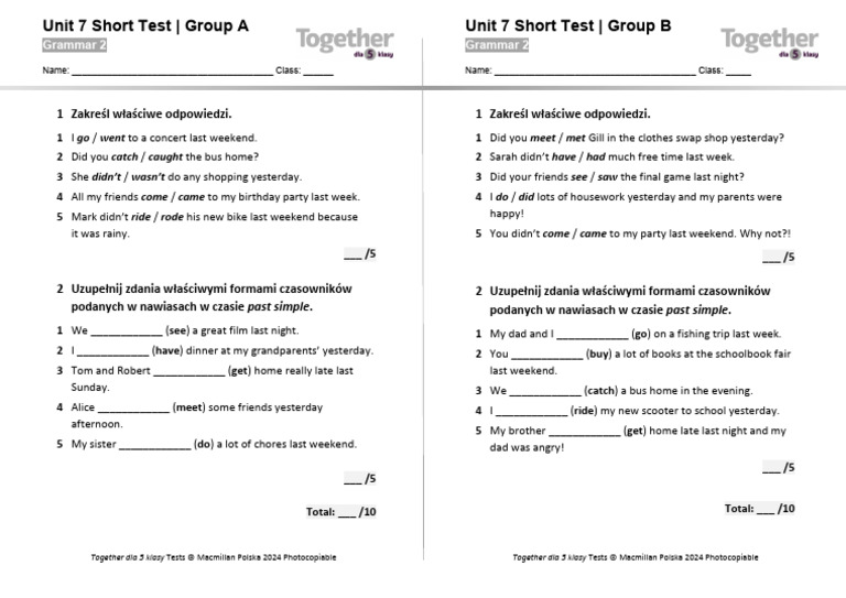 Together kl5 Short Test U7 Grammar 2 AB | PDF