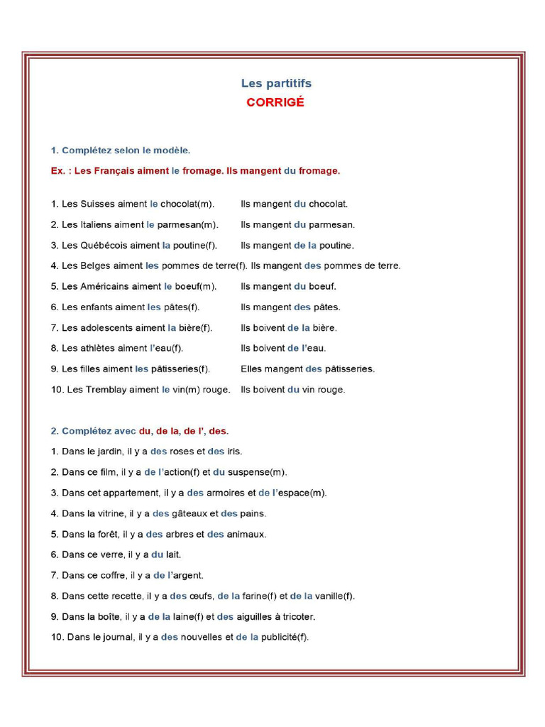 Corrigé Fiche Les Partitifs | PDF