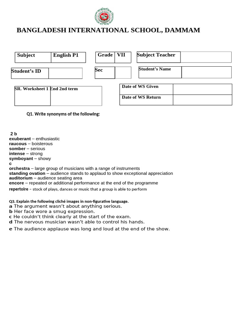 SR Worksheet 1 2nd T Eng P1 | PDF