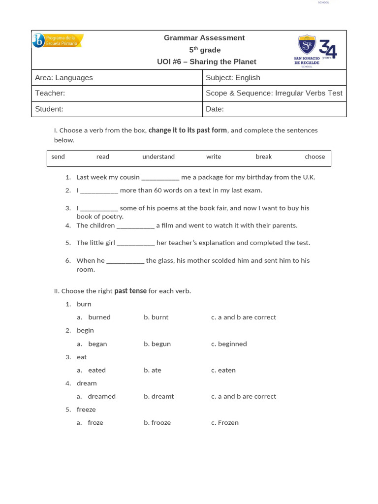 Irregular Verbs Past Tense Exercises | PDF | Linguistics | Language ...