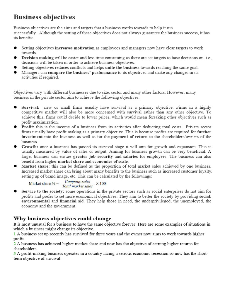 Business Objectives | PDF | Profit (Economics) | Employment