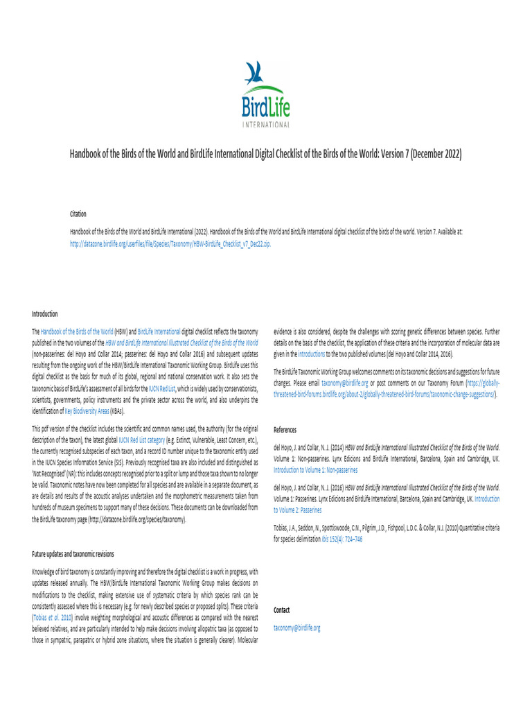 HBW and BirdLife International Checklist | PDF | Birds | Ornithology