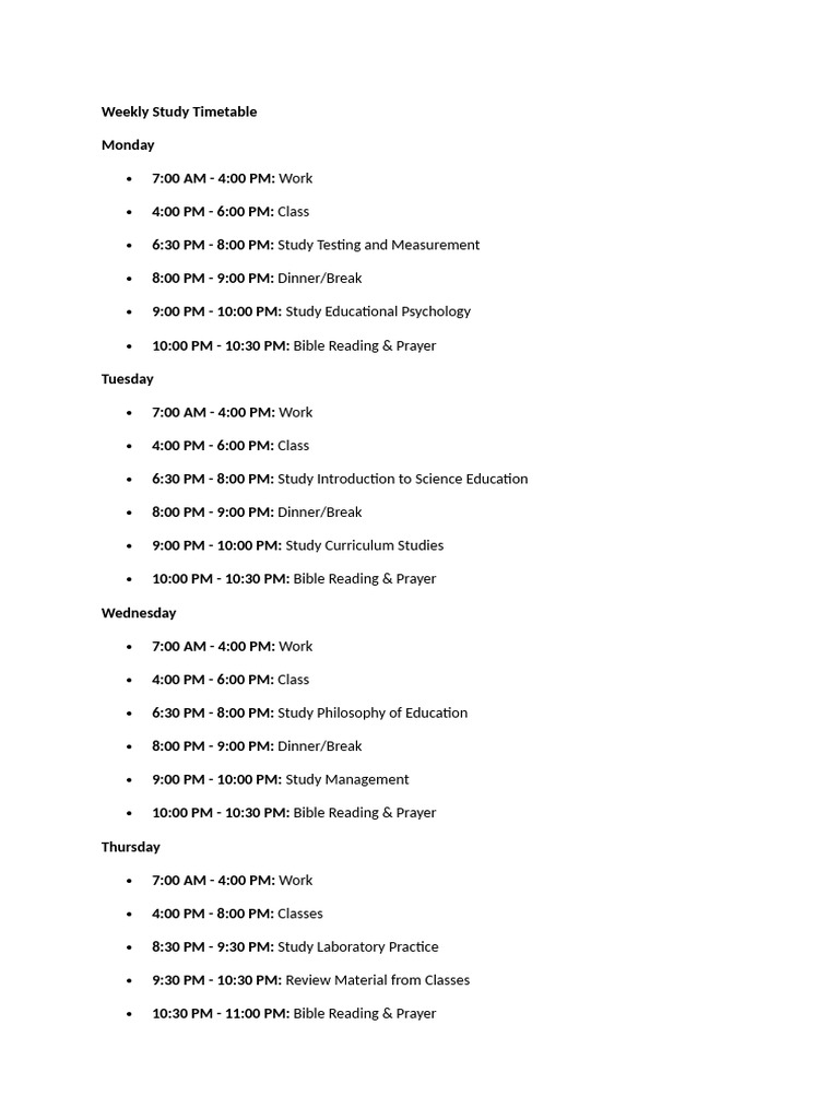 Weekly Study Timetable | PDF