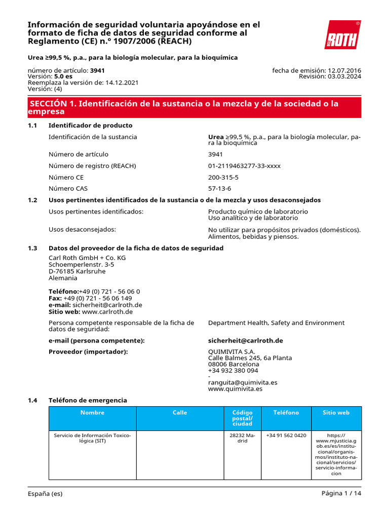 Ficha de Seguridad Urea 99,5% p.a. | PDF | Amoníaco | Toxicidad