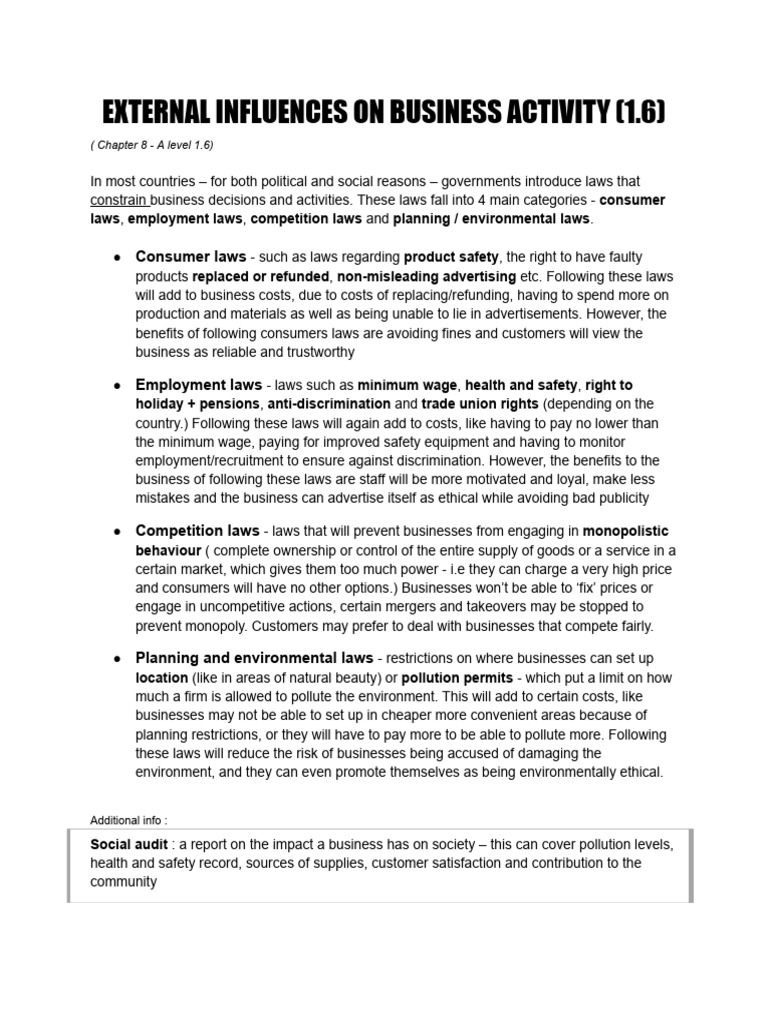 EXTERNAL INFLUENCES ON BUSINESS ACTIVITY (6.1) | PDF | Cost Of Living ...