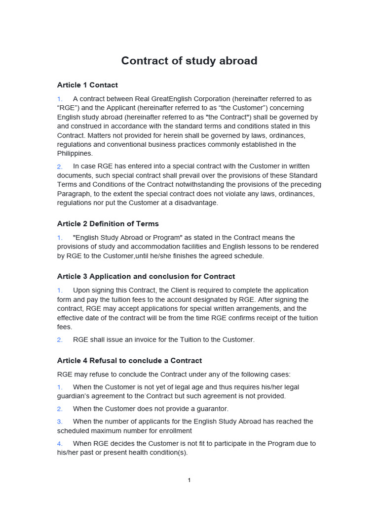 RGE English Study Abroad Contract | PDF | Fee | Indemnity