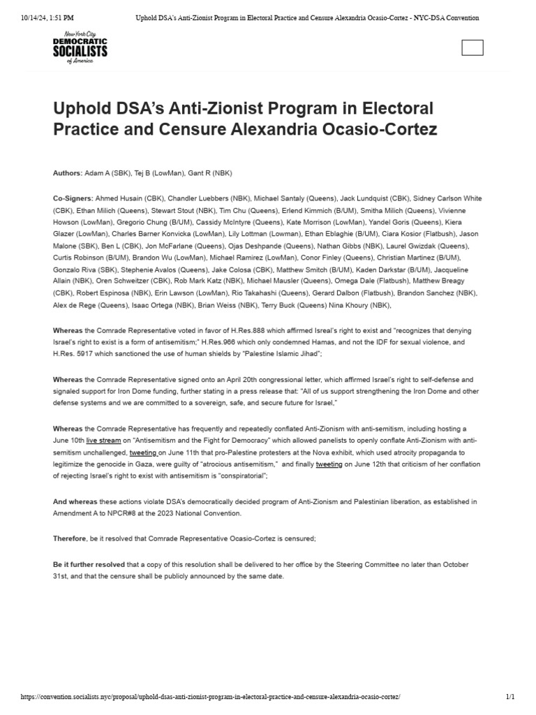 Uphold DSA's Anti-Zionist Program in Electoral Practice and Censure Alexandria Ocasio-Cortez ...