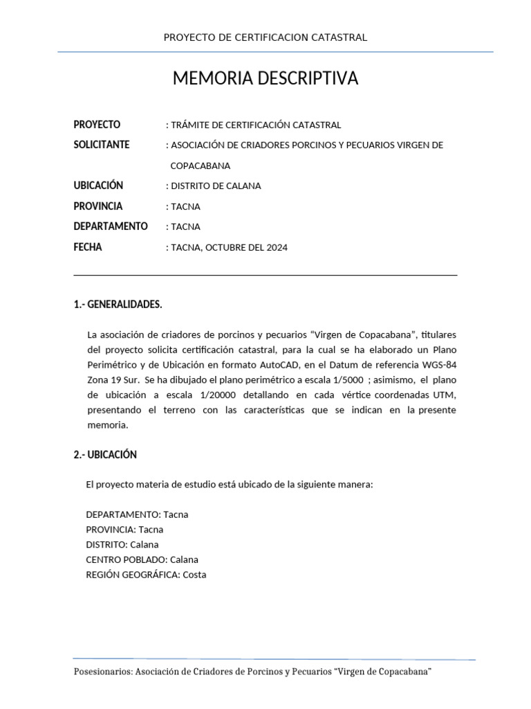 Memoria Descriptiva Virgen Copacabana WGS 84 | PDF | Topografía | Geofísica