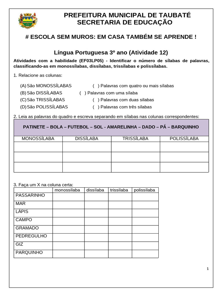 3ano LINGUA PORTUGUESA Ativ12 Identificar e Classificar o N Mero de S¡labas | PDF
