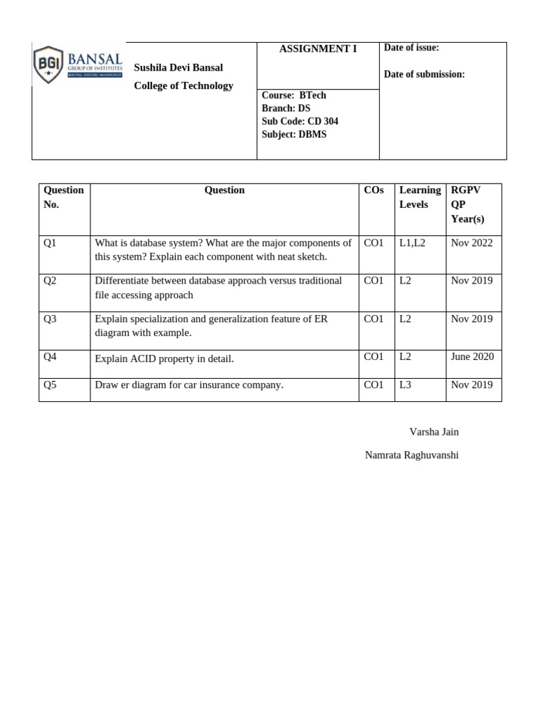 CD-304 DBMS Assignment I 2024 | PDF